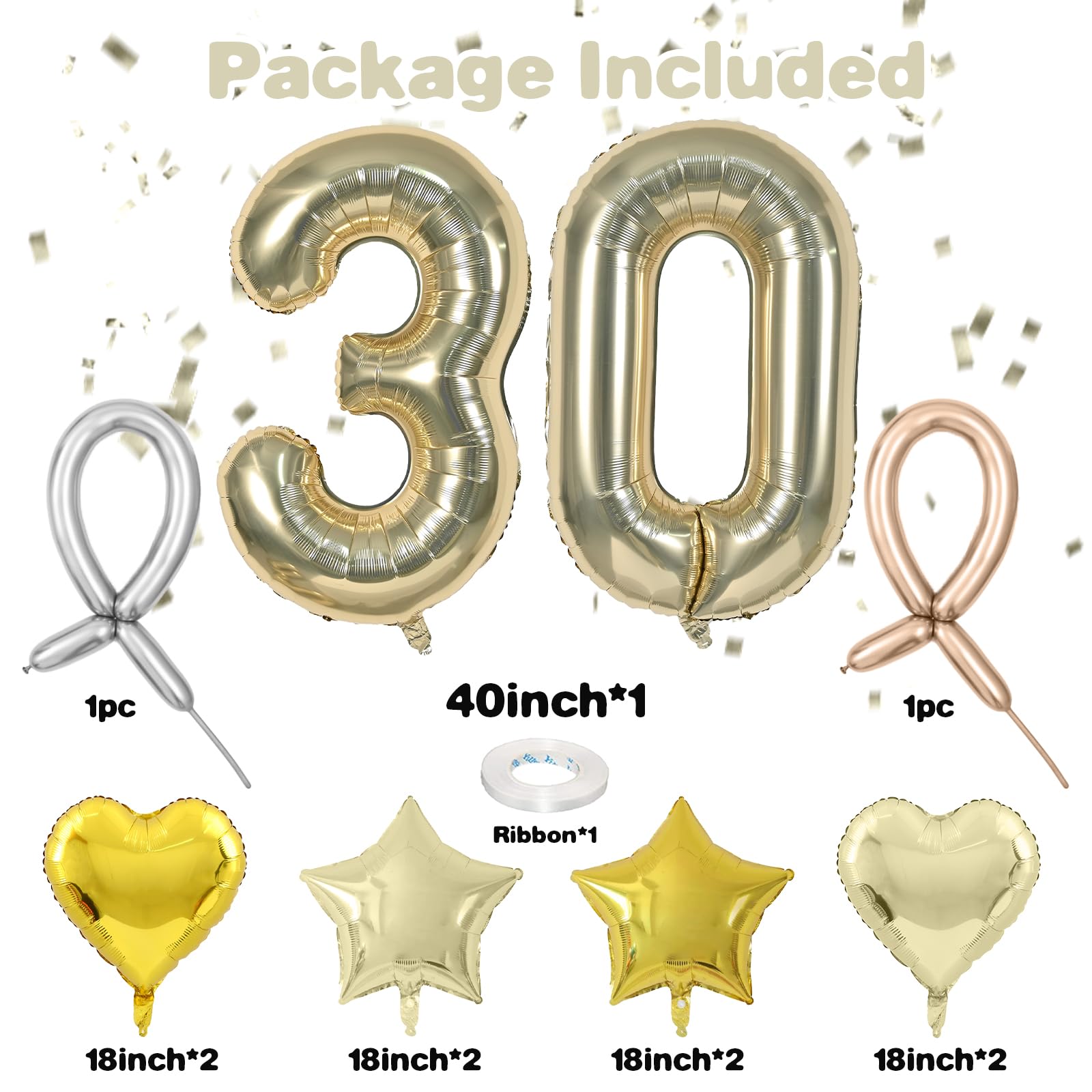 Champagne Gold 30 Balloons, Light Gold 30 Balloons, 40inch Number 30 Balloons Set, Gold Foil Star Heart Balloons With Long Balloons For 30th Birthday Party Graduation Anniversary 3rd Baby Shower Decor