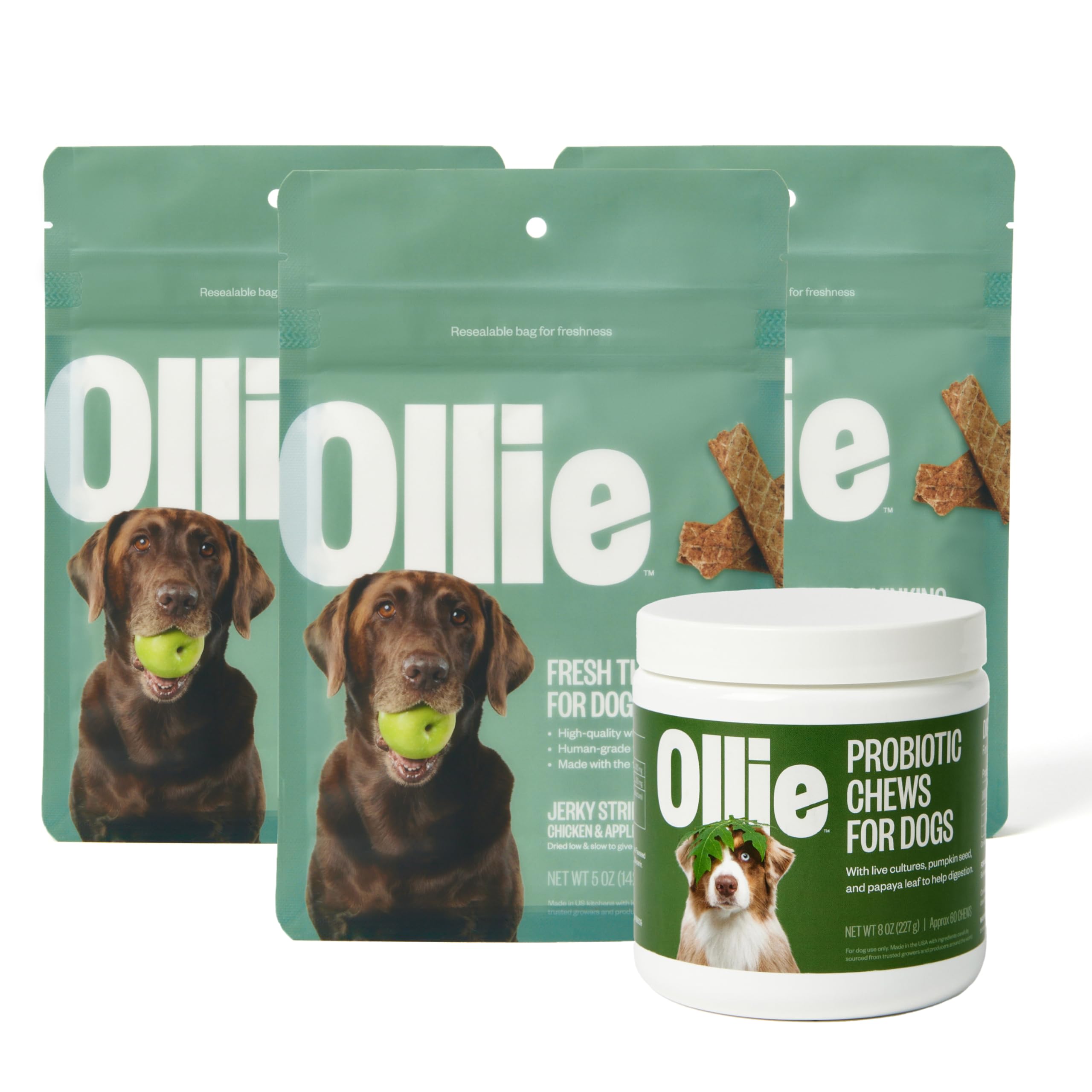 Ollie Belly Rubs Dog Probiotic Chews - Probiotics for Dogs and Ollie Chicken and Apple Recipe Jerky Dog Treats - Dog Jerky Treats All Natural