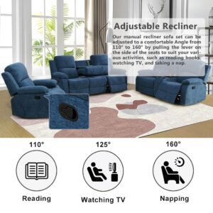 Dekmxas 3 Seater Recliner Sofa Couch Modern Manual Reclining Sofa Fabric Reclining Sofa Living Room Couch with Dual Cup Holders and Drop Down Table for Living Room/Office/Rv Car (Blue, 3 Seater Sofa)