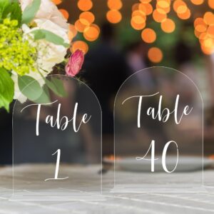 joyit arch wedding table numbers 1-40 with stands – 5" x 7" acrylic table signs with clear background white text, perfect acrylic table numbers for wedding receptions, parties, anniversaries, and events