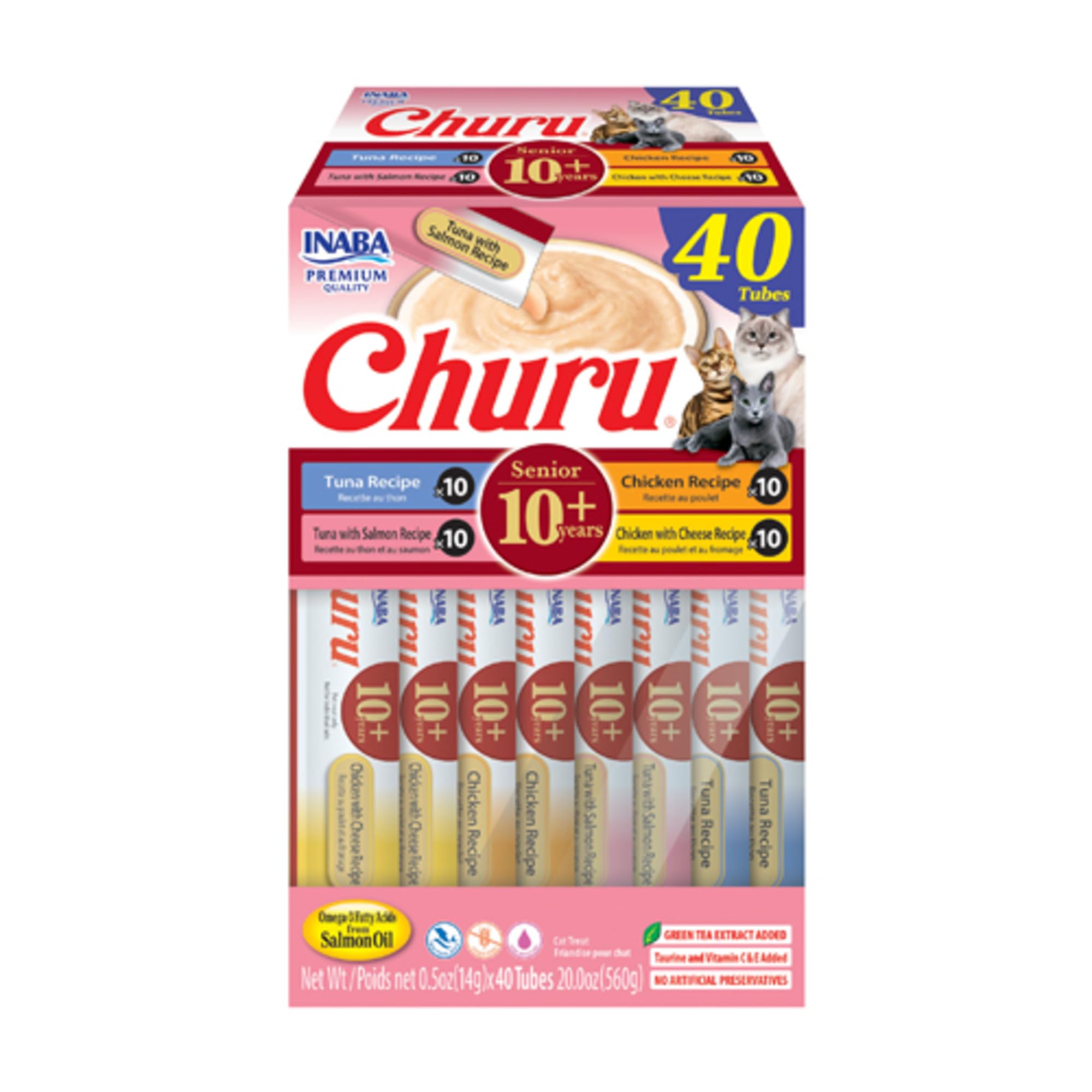 INABA Churu for Senior 10+, Creamy Lickable Cat Treats with Taurine, Vitamin E & C, 0.5 Ounces Each, 40 Tubes, Tuna & Chicken Variety