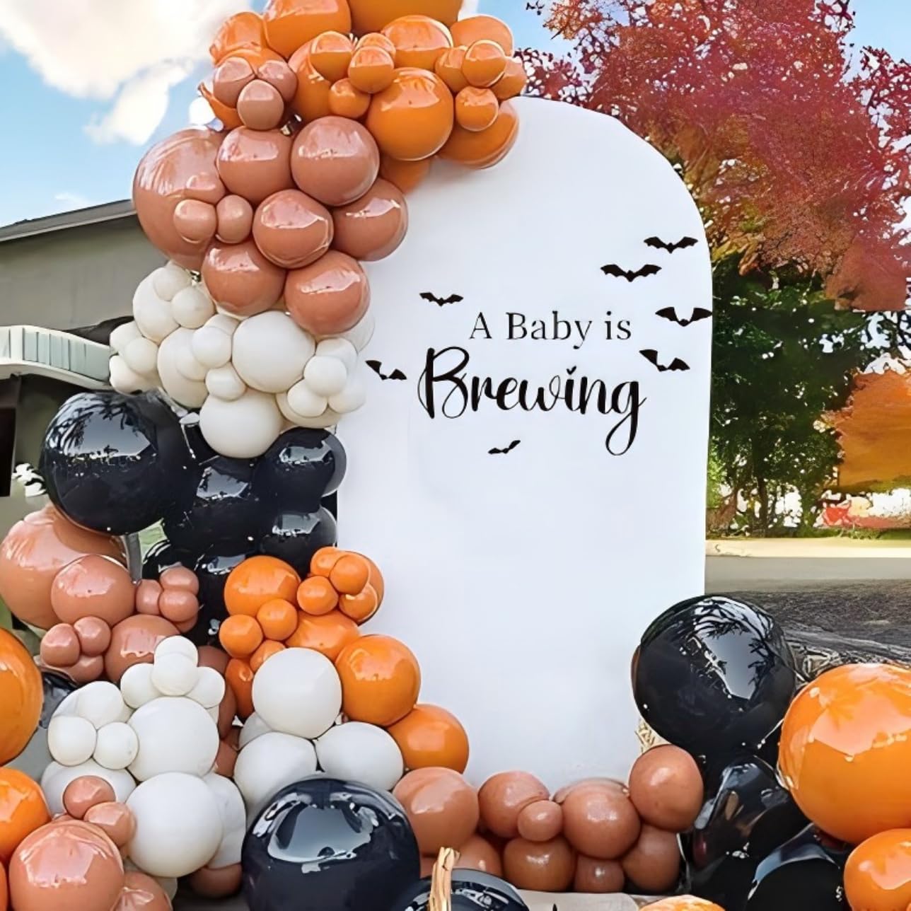 A Baby is Brewing with Bats for Baby Shower Welcome Sign Decal, Halloween Witchy Baby Shower, October Baby Shower, Fall Season Baby，Haunted House Backdrop for Halloween (Baby is Brewing Decal)