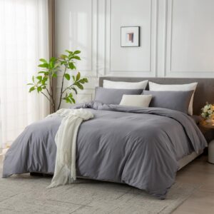 duvet cover queen size 100% cotton satin - comforter cover set with zipper closure, smooth, breathable, soft sateen weave, hotel comfort, 3 pcs - 90"x90" (1 duvet cover & 2 pillow shams) storm gray