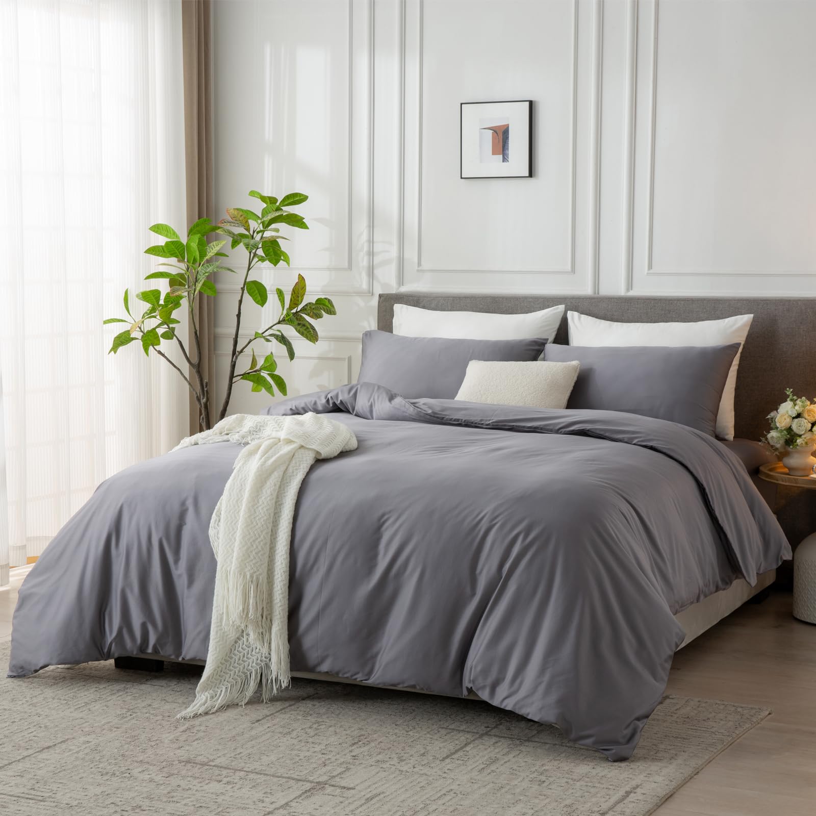 Duvet Cover Queen Size 100% Cotton Satin - Comforter Cover Set with Zipper Closure, Smooth, Breathable, Soft Sateen Weave, Hotel Comfort, 3 Pcs - 90"x90" (1 Duvet Cover & 2 Pillow Shams) Storm Gray