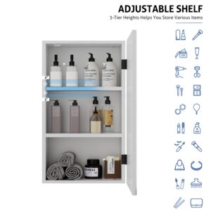 eclife 24" Bathroom Medicine Cabinet W/Mirror, Single Door Bathroom White Wall Mount Mirror Cabinet, Hanging Triple Shelf Storage Cabinet Opens Left and Right