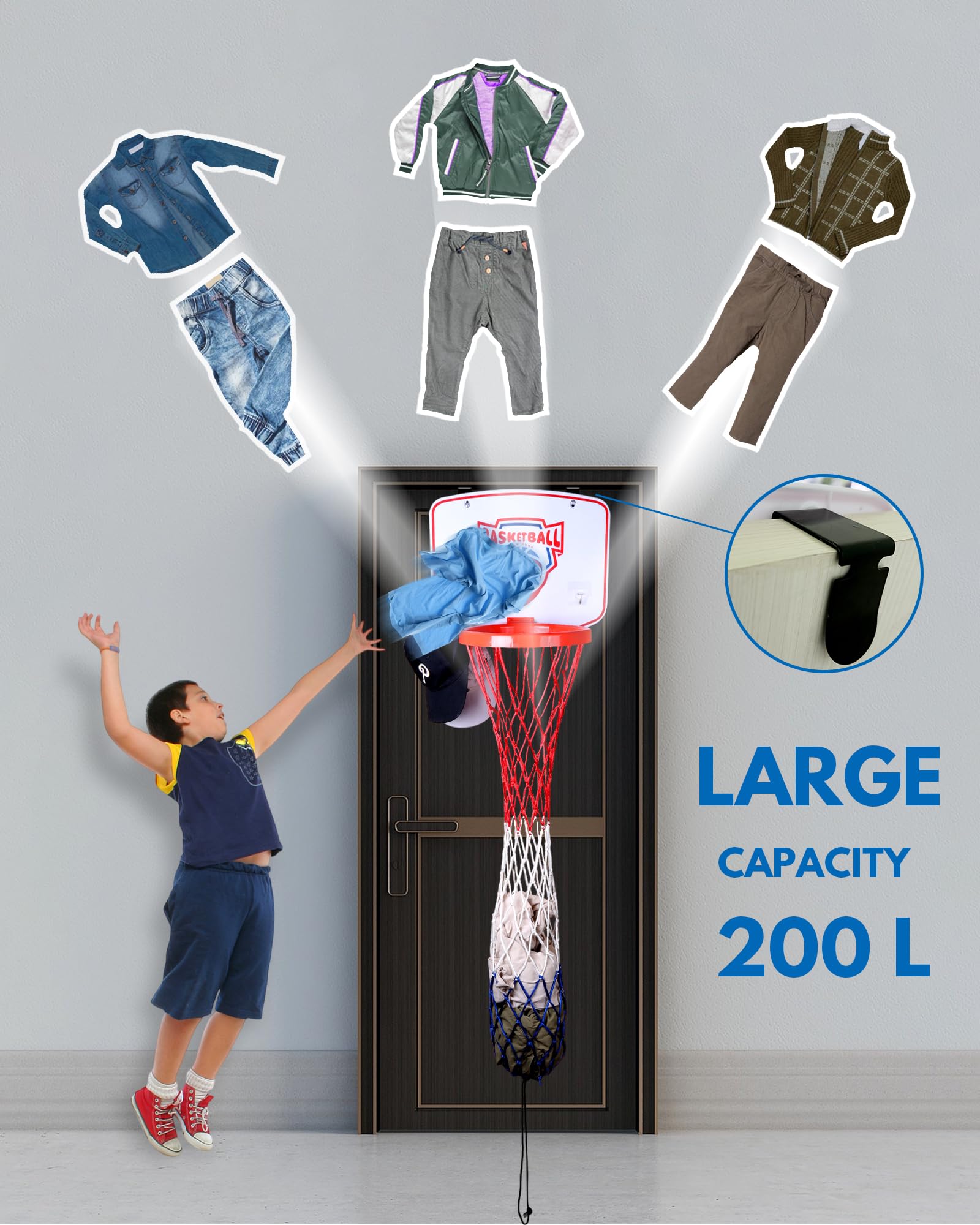 CT SPORTS Basketball Laundry Hamper for Kids - Slam Dunk Fun! Over The Door 2 In 1 Hanging Basketball Hoop Basketball Hamper Gift for Boys & Girls - Keeps Clothes Off the Floor & Encourages Tidiness