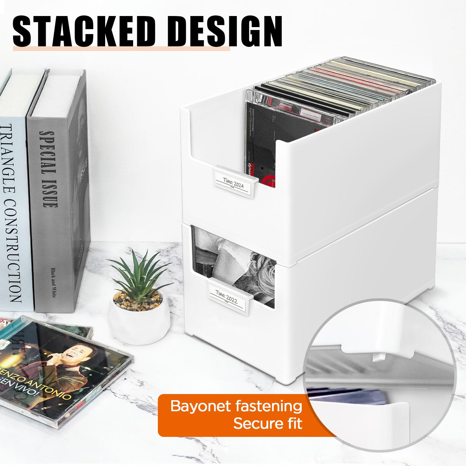 CD Storage Box, Stackable Plastic CD Organizer, Hold Up to 25 CDs, CD Storage Case for desk and Shelf