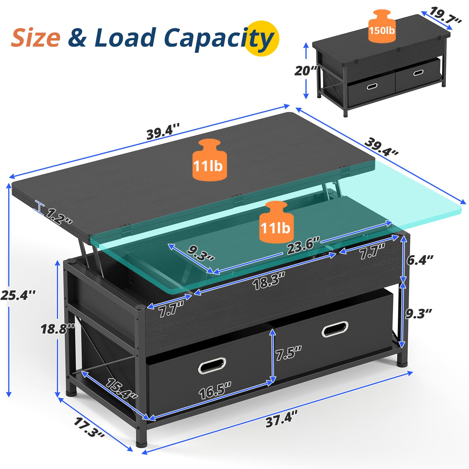 UPOSOJA Lift Top Coffee Table, 4 in 1 Multi-Function Dining Table with Hidden Compartment and 2 Drawers, Convertible Square Center Table for Living Room Reception Home Office(Black)