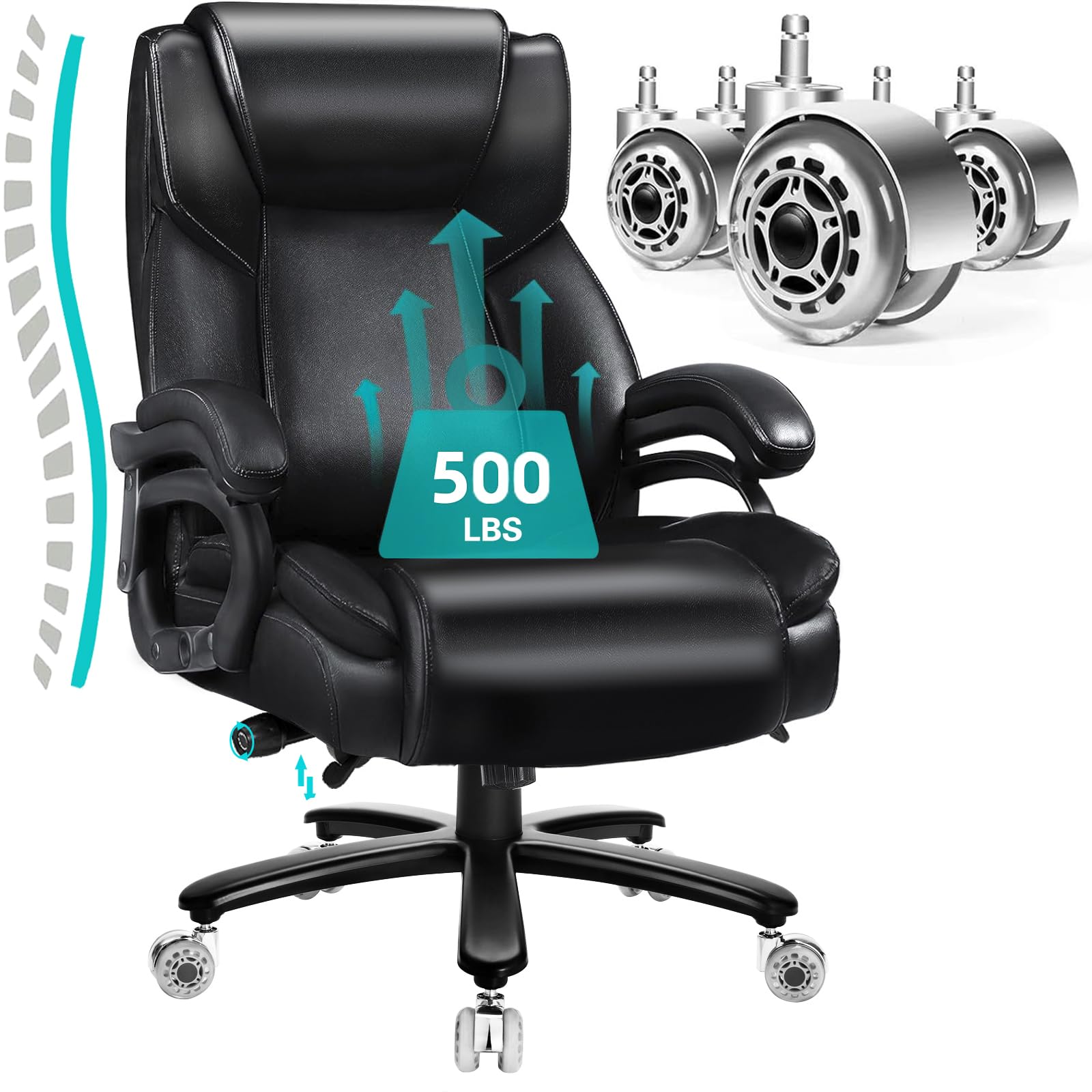 500lbs Heavy Duty Office Chair with Dual Rubber Wheels, Big and Tall Office Chair for Heavy People, Extra Wide Executive Chair with Ergonomic Lumbar Support (Dual Wheels Black)