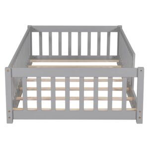 Twin Size Montessori Floor Bed for Kids,Twin Floor Bed Frame with Slats,Solid Wood Twin Bed Frame for Girls Boys,Grey