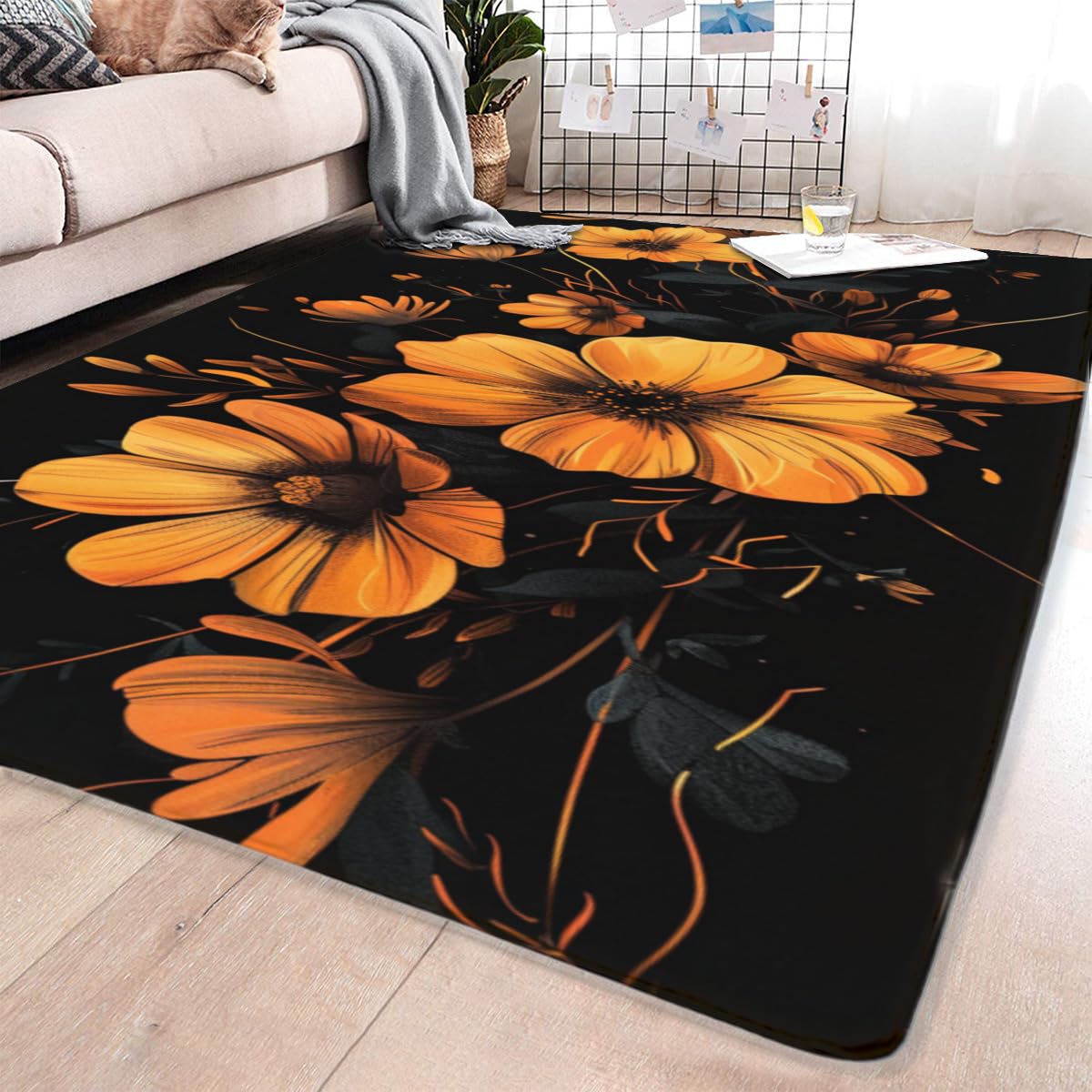 Floral Rug for Living Room, Rectangular Rug with Yellow Stylish Flowers on Black Background, Non-Slip Rug for Modern Home Living Room, Bedroom, Hallway, Office, Dining Room, entryway 24x36inch