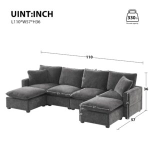 110" Modern U Shape Modular Sofa, 6 Seat Chenille Sectional Couch Set with 2 Pillows Included, Freely Combinable Indoor Funiture for Living Room, Apartment, Office (Black Grey, 6 Seat)