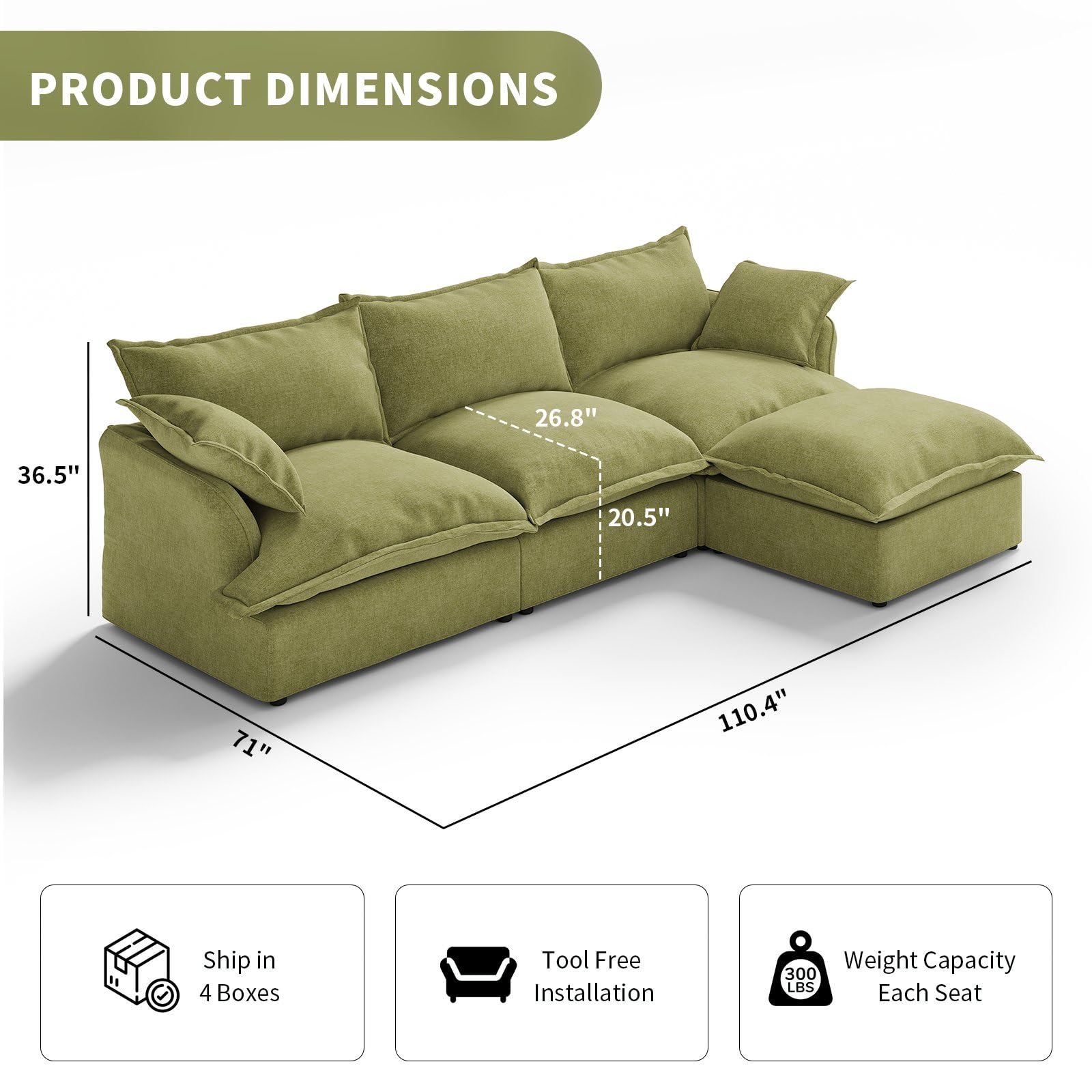 Gtilzria Cloud Modular Sectional Sofa,117"Large Convertible Modular Couch,L Shape Down Fill Sectional Sofa,Detachable Couch Cushion Covers,4 Seater Corner Sofa with Ottoman for Living Room,Olive Green