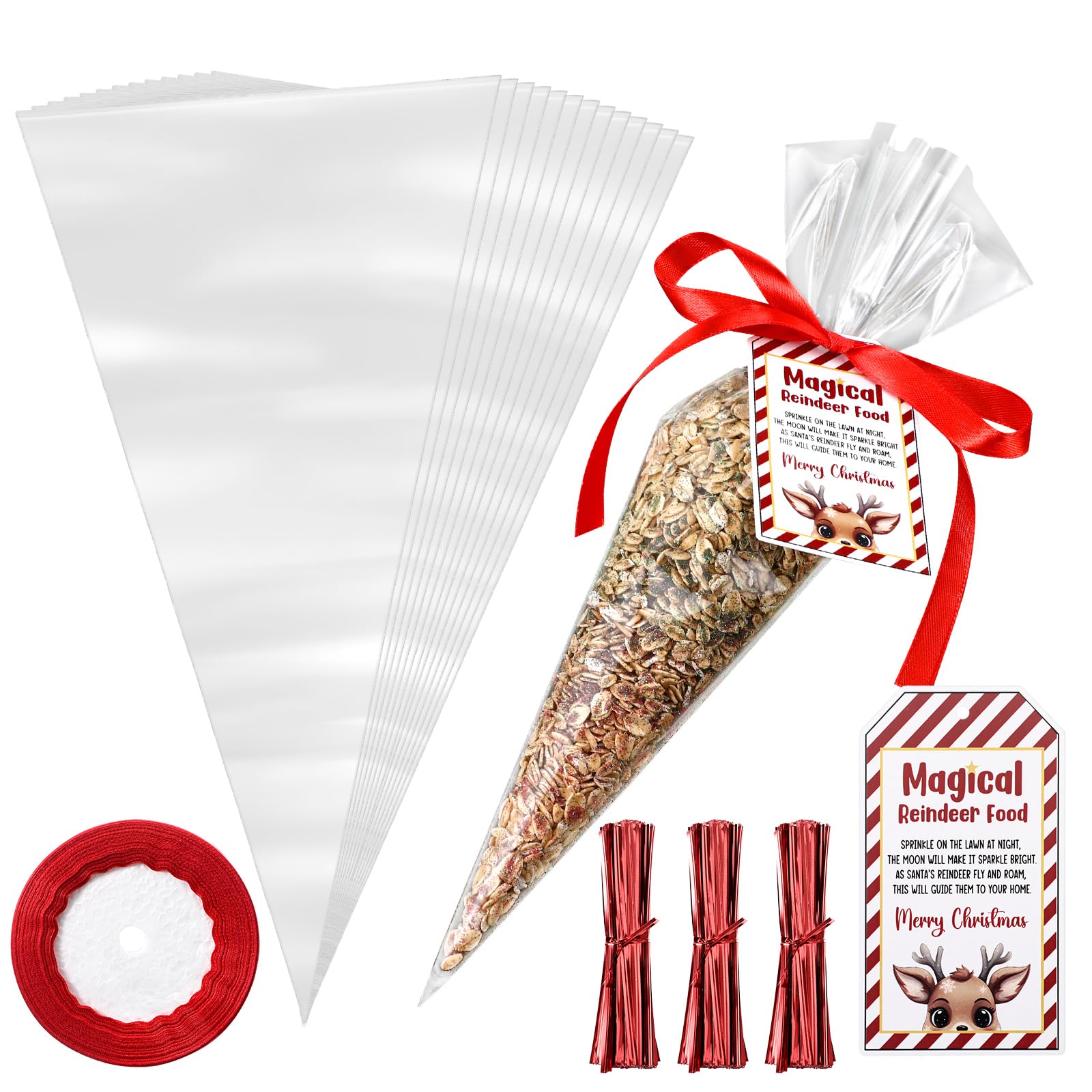 Dansydaisy 100 Set Magic Reindeer Food Christmas Treat Bag with Tag and Red Ribbon Christmas Party Favor Goodie Cone Bags with Labels Twist Ties Plastic Reindeer Food Bags for Xmas Gift Wrapping