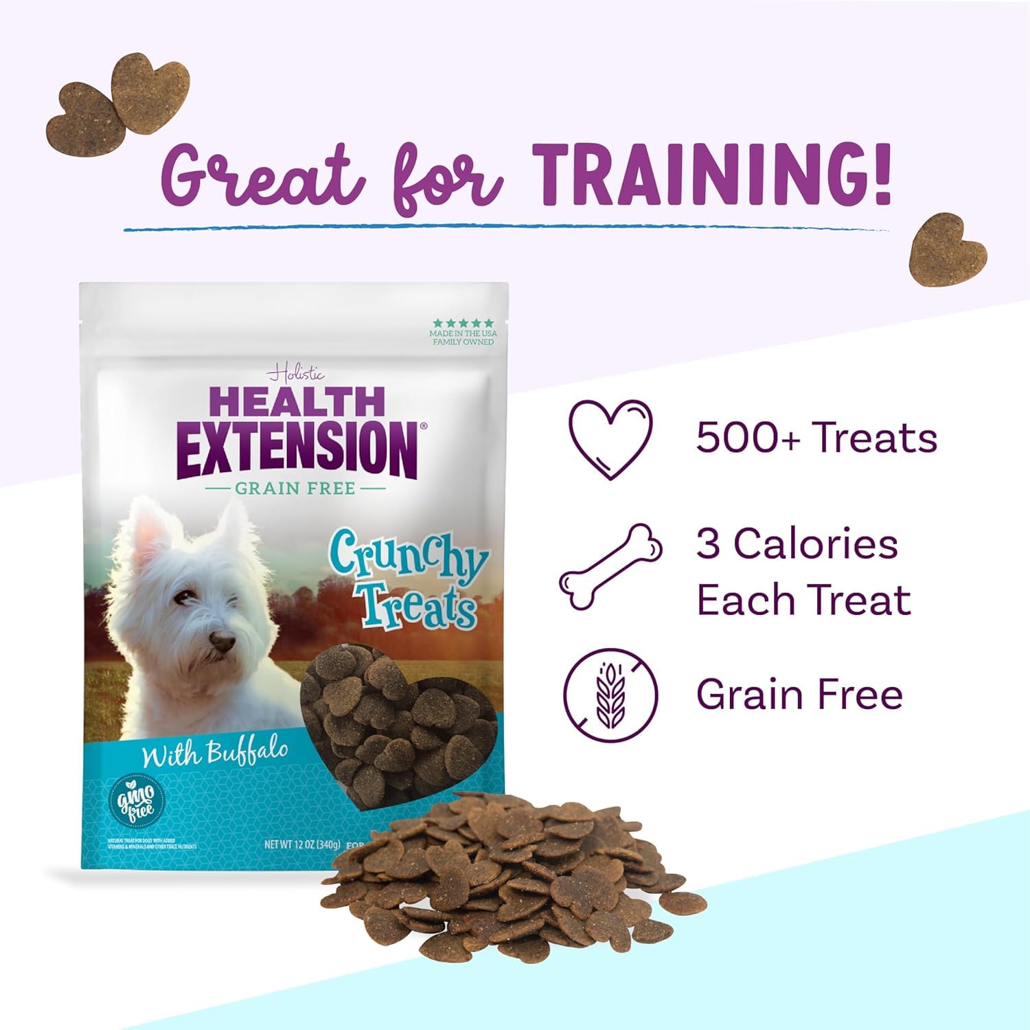 Health Extension Heart-Shaped Crunchy Biscuits, 12oz (340g) – Buffalo Recipe, GMO-Free Dog Training Treats for Small Breeds, Added Vitamins & Minerals (Pack of 2)