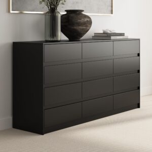 woodtime dresser with 12 handleless drawers, 63" large chest of drawers with slide rails, modern wooden double dresser for bedroom living room, black