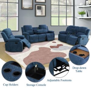 Dekmxas 3 Seater Recliner Sofa Couch Modern Manual Reclining Sofa Fabric Reclining Sofa Living Room Couch with Dual Cup Holders and Drop Down Table for Living Room/Office/Rv Car (Blue, 3 Seater Sofa)