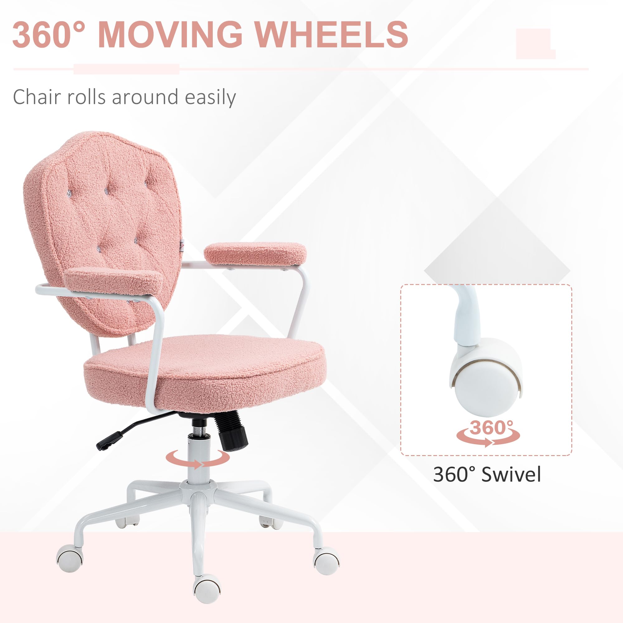 HOMCOM Cute Home Office Chair, Computer Desk Chair with Button Tufted, Teddy Bear Fleece Swivel Vanity Chair, Pink