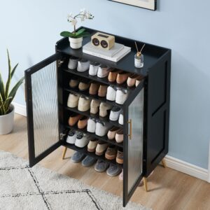 IDEALHOUSE Shoe Cabinet with Glass Doors, 5-Tier Entryway Shoe Organizer Storage Rack with Large Capacity and Adjustable Shelves for Hallway, Living Room, Black