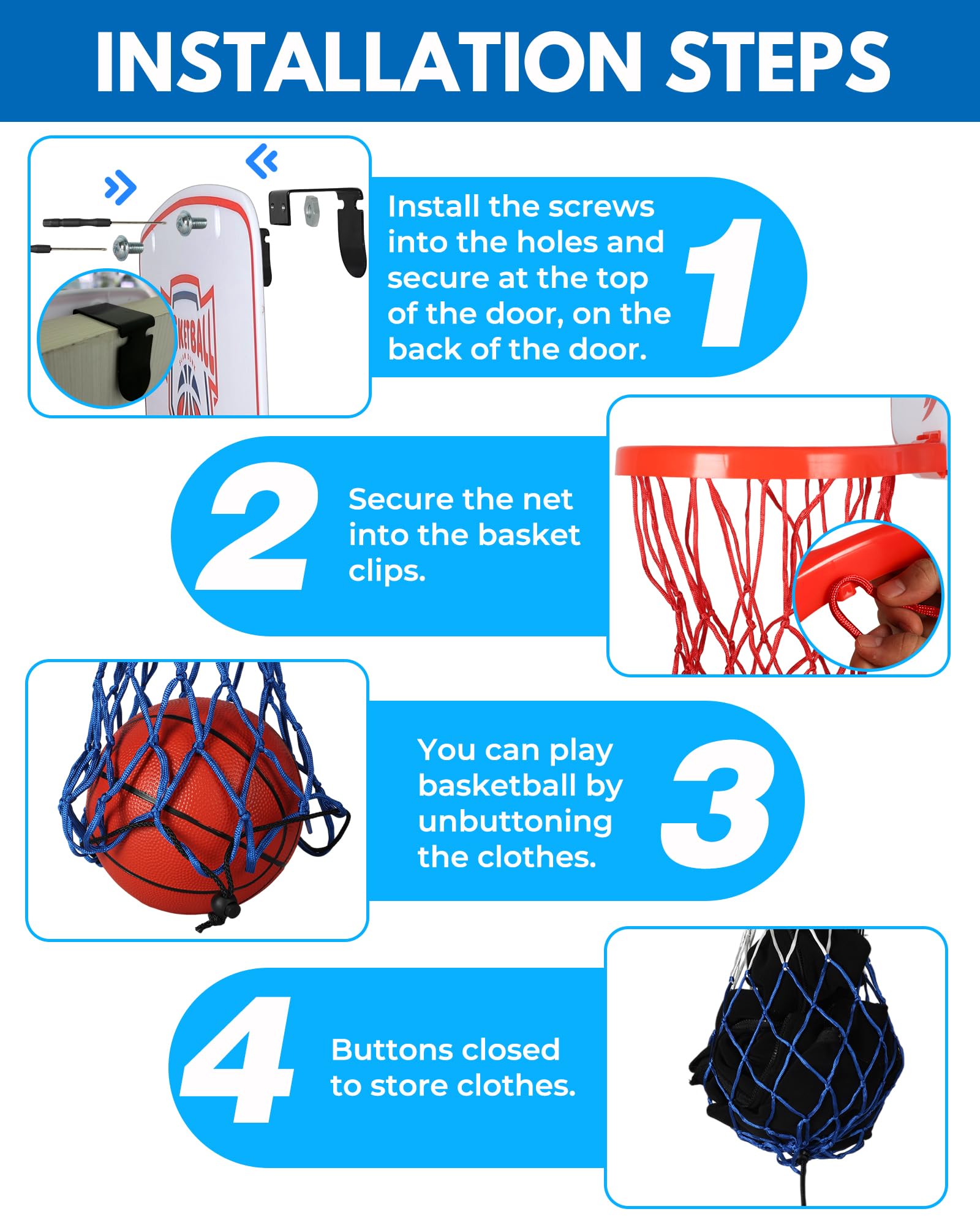 CT SPORTS Basketball Laundry Hamper for Kids - Slam Dunk Fun! Over The Door 2 In 1 Hanging Basketball Hoop Basketball Hamper Gift for Boys & Girls - Keeps Clothes Off the Floor & Encourages Tidiness