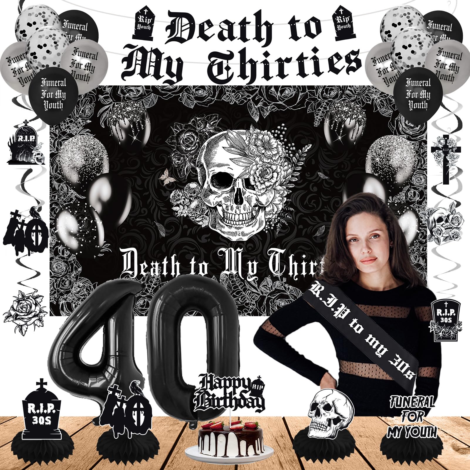 Crenics Death to My 30s Decorations - Death to My Thirties Backdrop, Banner, Honeycomb, Sash, Hanging Swirls, Cake Topper and Balloons for 40th Birthday Party Decorations for Women or Men