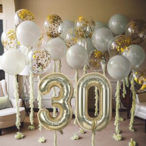 Champagne Gold 30 Balloons, Light Gold 30 Balloons, 40inch Number 30 Balloons Set, Gold Foil Star Heart Balloons With Long Balloons For 30th Birthday Party Graduation Anniversary 3rd Baby Shower Decor