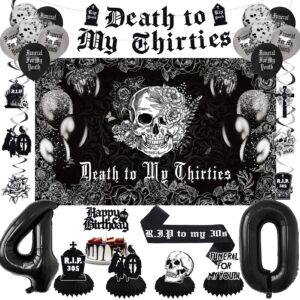 crenics death to my 30s decorations - death to my thirties backdrop, banner, honeycomb, sash, hanging swirls, cake topper and balloons for 40th birthday party decorations for women or men