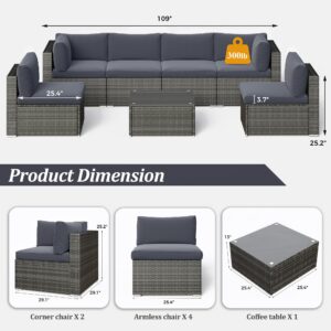 SUNVIVI OUTDOOR 8-Piece Modular Outdoor Patio Furniture Set, Wicker Outdoor Sectional Sofa with 45" Fire Pit Table, All-Weather Rattan with Cushions and Coffee Table for Porch Garden Backyard, Grey