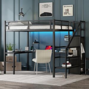 full size metal loft bed with desk and wardrobe,heavy duty loft bed frame with storage stairs,led loft bed full with charging station, space saving loft bed full for kids,teens,adults,black