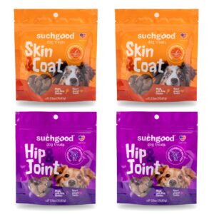 suchgood hip and joint + skin and coat dog treats - support chews for all breed sizes and ages, glucosamine and chondroitin + salmon and flaxseed oil for dogs (chicken flavor, 4 packs)