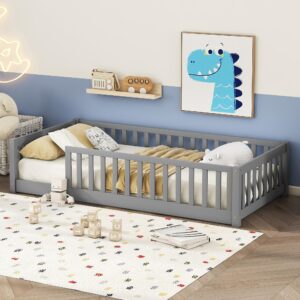 twin size montessori floor bed for kids,twin floor bed frame with slats,solid wood twin bed frame for girls boys,grey