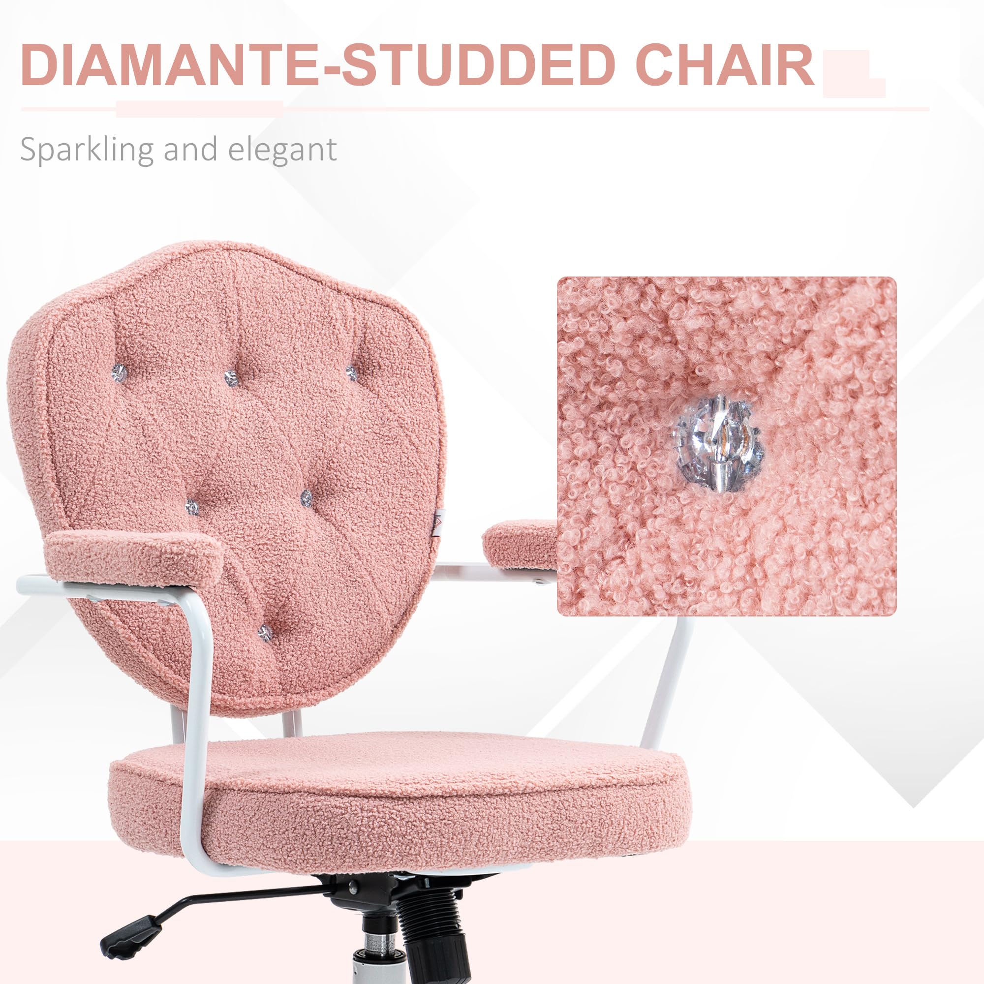 HOMCOM Cute Home Office Chair, Computer Desk Chair with Button Tufted, Teddy Bear Fleece Swivel Vanity Chair, Pink