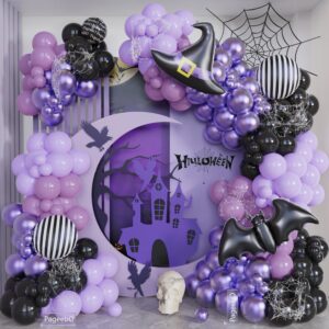 halloween balloon garland arch kit, 154pcs metallic dusty macron purple and black balloon with witch hat bat striped foil balloons for halloween vampirina nightmare prom horror themed party decoration