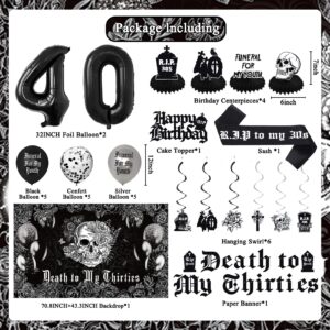 Crenics Death to My 30s Decorations - Death to My Thirties Backdrop, Banner, Honeycomb, Sash, Hanging Swirls, Cake Topper and Balloons for 40th Birthday Party Decorations for Women or Men