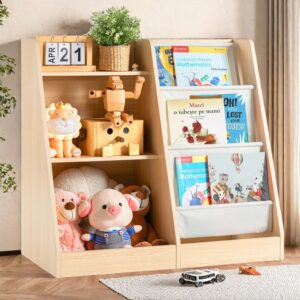 infurnic 3 tier kids wooden bookshelf baby toddler bookshelf and toy storage organizer with three layer sling bookcase for kids room playroom nursery classroom