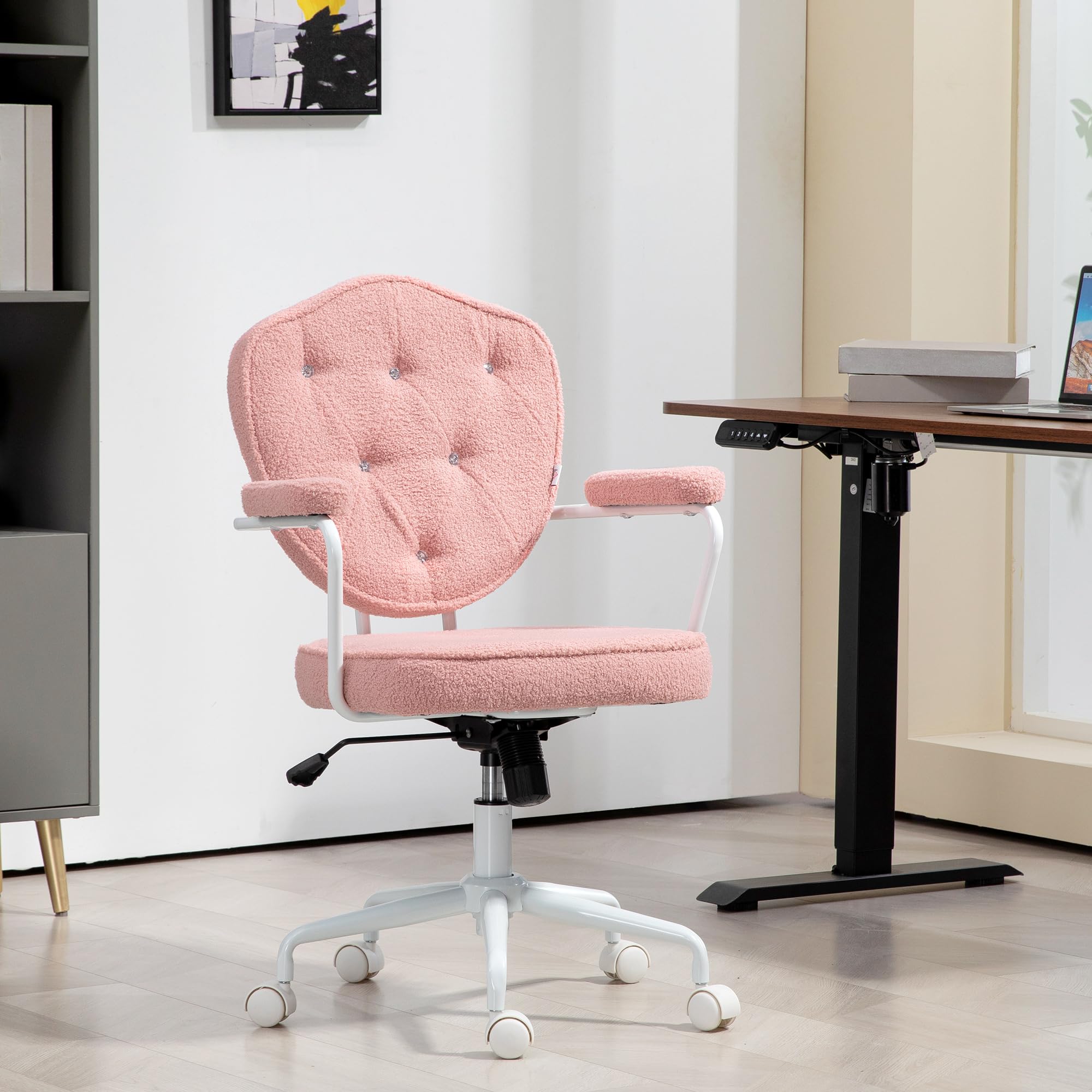 HOMCOM Cute Home Office Chair, Computer Desk Chair with Button Tufted, Teddy Bear Fleece Swivel Vanity Chair, Pink