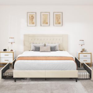 YITAHOME King Size Bed Frame, Storage Bed Frame with 4 Drawer Storage & Diamond Button Tufted Headboard, Contemporary Upholstered Platform Bed Frame, Box Spring Not Required, Beige