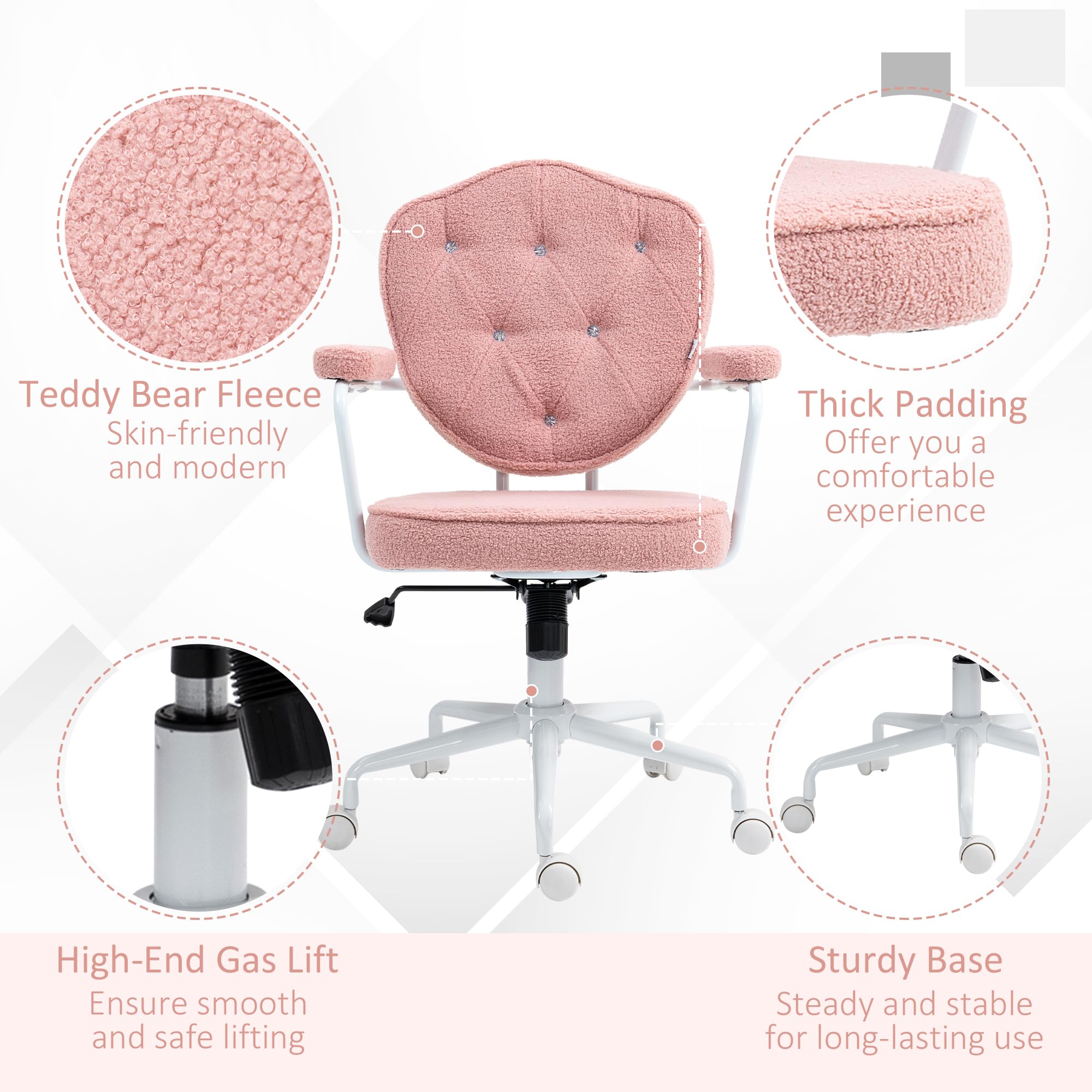 HOMCOM Cute Home Office Chair, Computer Desk Chair with Button Tufted, Teddy Bear Fleece Swivel Vanity Chair, Pink