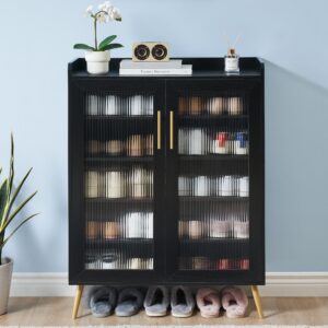 idealhouse shoe cabinet with glass doors, 5-tier entryway shoe organizer storage rack with large capacity and adjustable shelves for hallway, living room, black