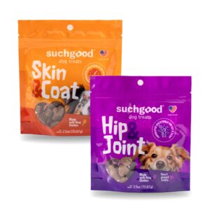 suchgood hip and joint + skin and coat dog treats - support chews for all breed sizes and ages, glucosamine and chondroitin + salmon and flaxseed oil (chicken flavor, 2 packs)