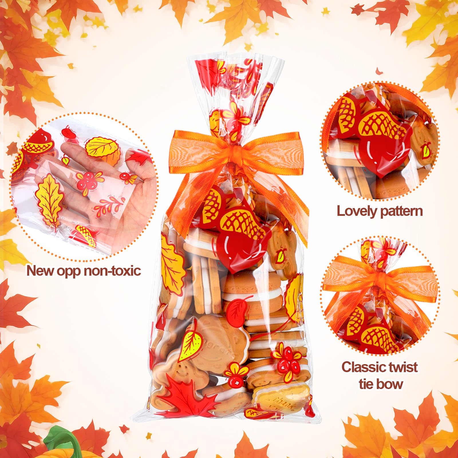 Yoojahow 50 Pcs Fall Treat Bags with 50 Pcs Twist Tie Bows Cellophane Candy Bags Autumn Goodie Bag Plastic Cookie Gift Bags for Thanksgiving Holiday Party Favors Snacks Packing Supplies