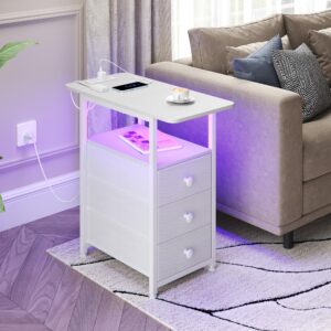 DALEMHOME End Table with Charging Station, Narrow Side Table with 3 Fabric Drawers, Skinny Nightstand with LED Light for Small Spaces, Bedroom, Living Room, White HKET1303WT