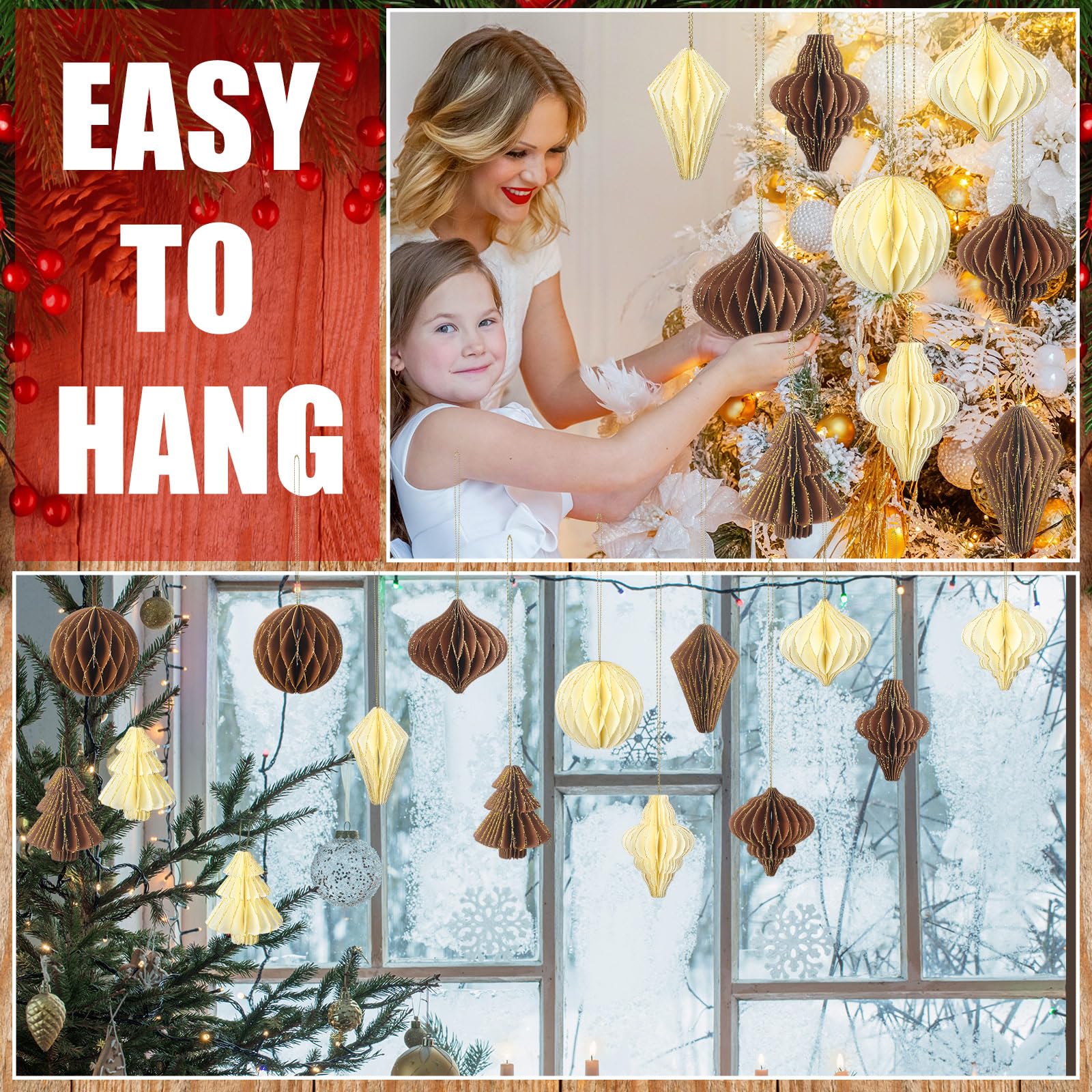 Hungdao 12 Pcs Christmas Paper Honeycomb Balls Hanging Ornament Khaki Pom Poms Decorative 3D Mini Glitter Edge Paper Honeycomb Ornament for Christmas Tree Xmas Home Decor(Brown)