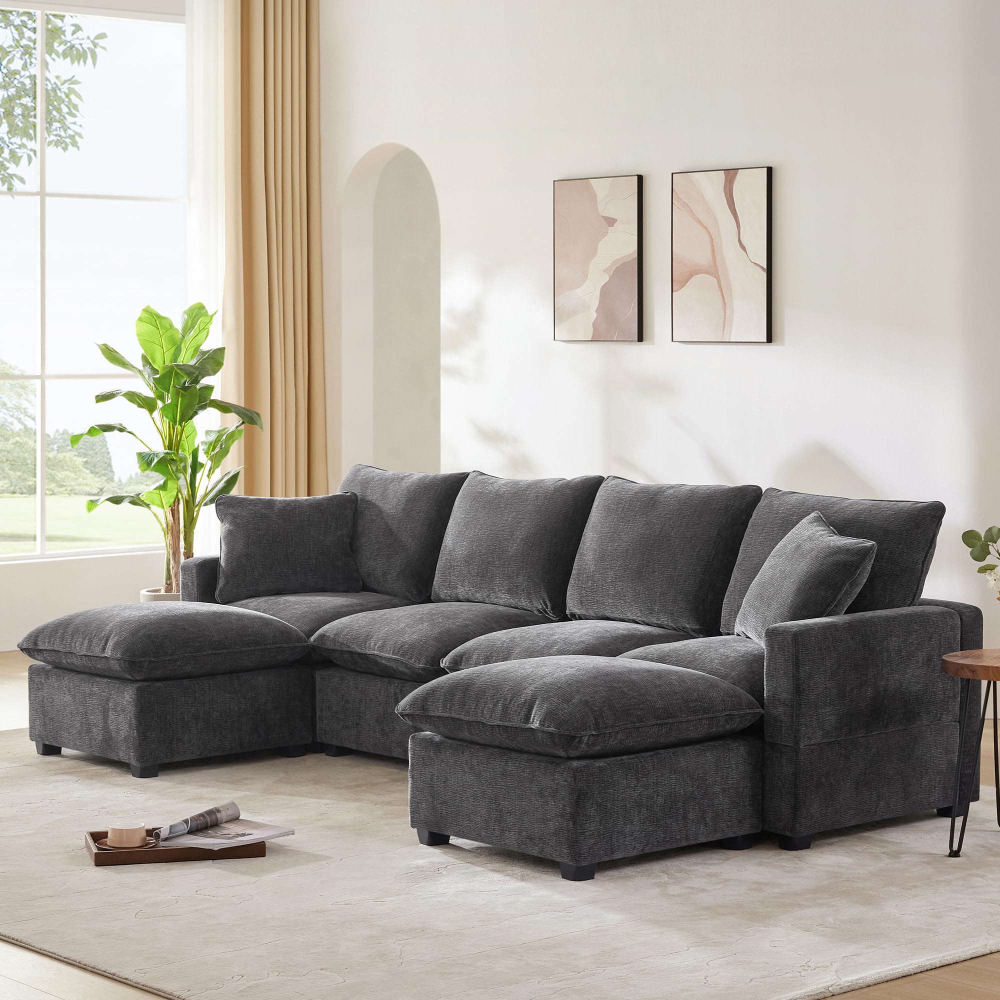 110" Modern U Shape Modular Sofa, 6 Seat Chenille Sectional Couch Set with 2 Pillows Included, Freely Combinable Indoor Funiture for Living Room, Apartment, Office (Black Grey, 6 Seat)