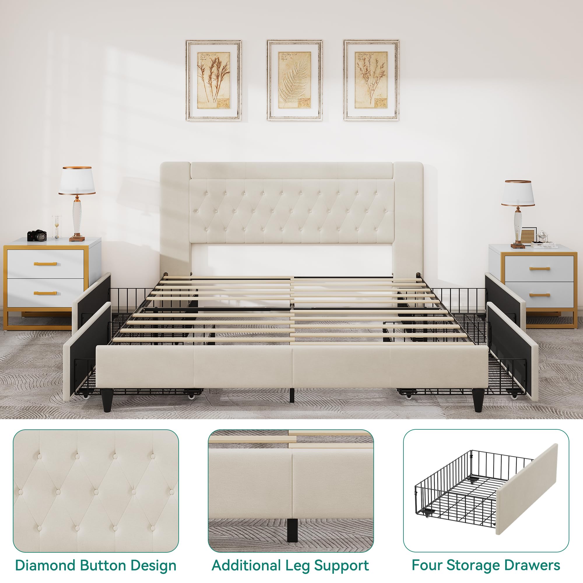 YITAHOME King Size Bed Frame, Storage Bed Frame with 4 Drawer Storage & Diamond Button Tufted Headboard, Contemporary Upholstered Platform Bed Frame, Box Spring Not Required, Beige