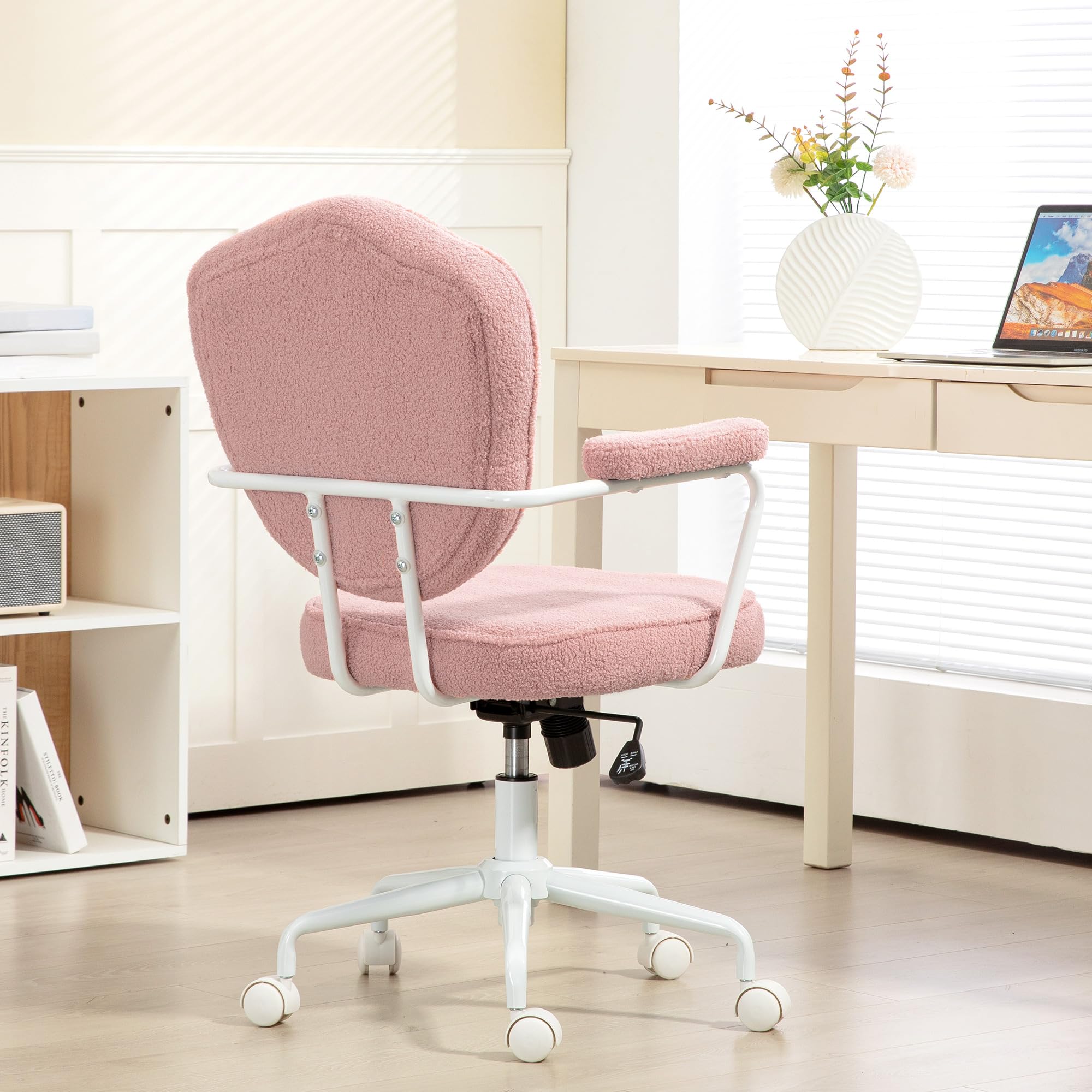 HOMCOM Cute Home Office Chair, Computer Desk Chair with Button Tufted, Teddy Bear Fleece Swivel Vanity Chair, Pink