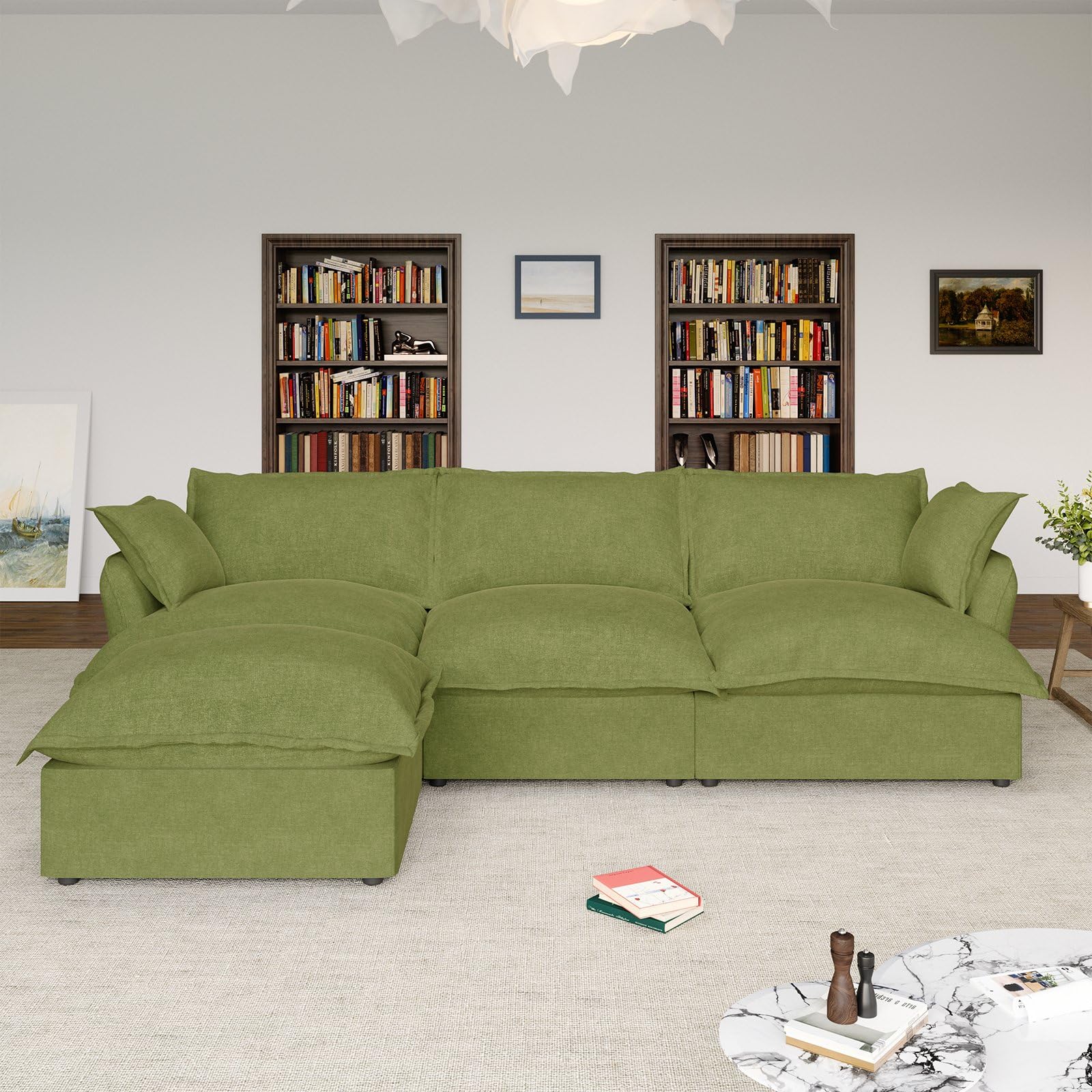 Gtilzria Cloud Modular Sectional Sofa,117"Large Convertible Modular Couch,L Shape Down Fill Sectional Sofa,Detachable Couch Cushion Covers,4 Seater Corner Sofa with Ottoman for Living Room,Olive Green