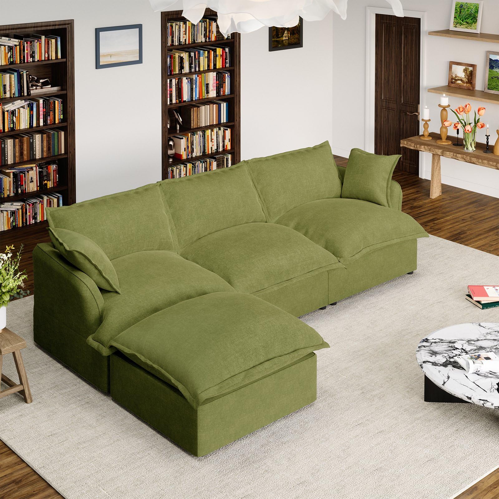 Gtilzria Cloud Modular Sectional Sofa,117"Large Convertible Modular Couch,L Shape Down Fill Sectional Sofa,Detachable Couch Cushion Covers,4 Seater Corner Sofa with Ottoman for Living Room,Olive Green