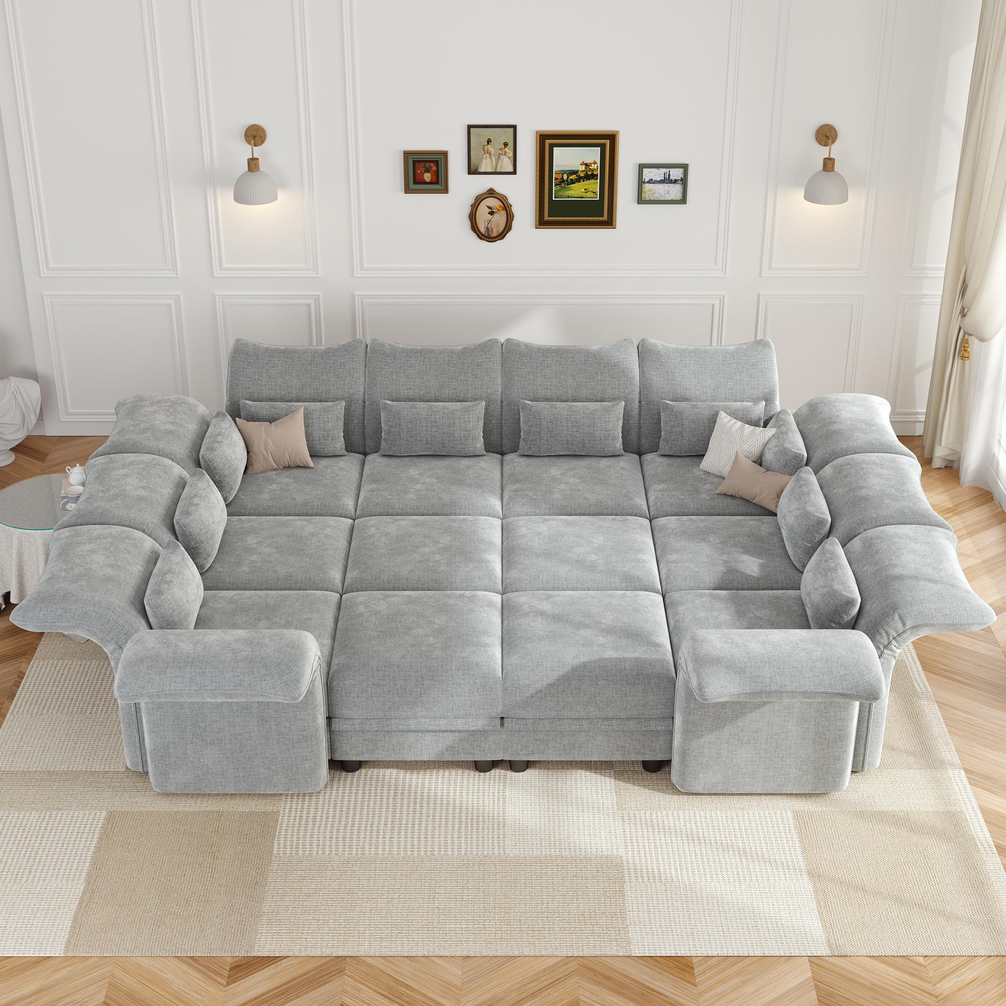 LLappuil Deep Modular Sectional Sofa Sleeper 12 Person Chenille Sectional Couches for Living Room with Storage Ottoman, Adjustable Arms Backs Grey