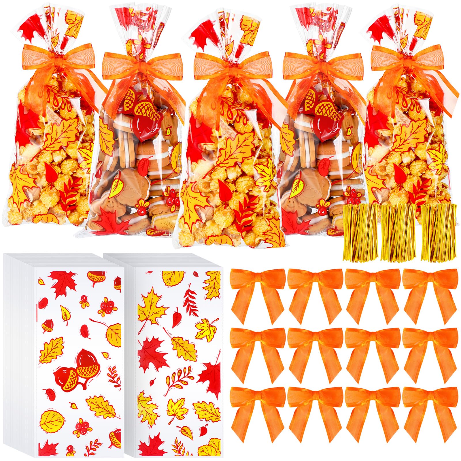 Yoojahow 50 Pcs Fall Treat Bags with 50 Pcs Twist Tie Bows Cellophane Candy Bags Autumn Goodie Bag Plastic Cookie Gift Bags for Thanksgiving Holiday Party Favors Snacks Packing Supplies